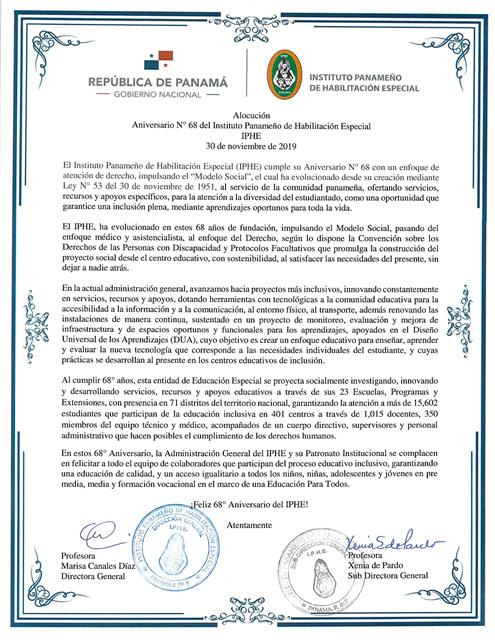 Aniversario N°68 del Instituto Panameño de Habilitación Especial (IPHE)